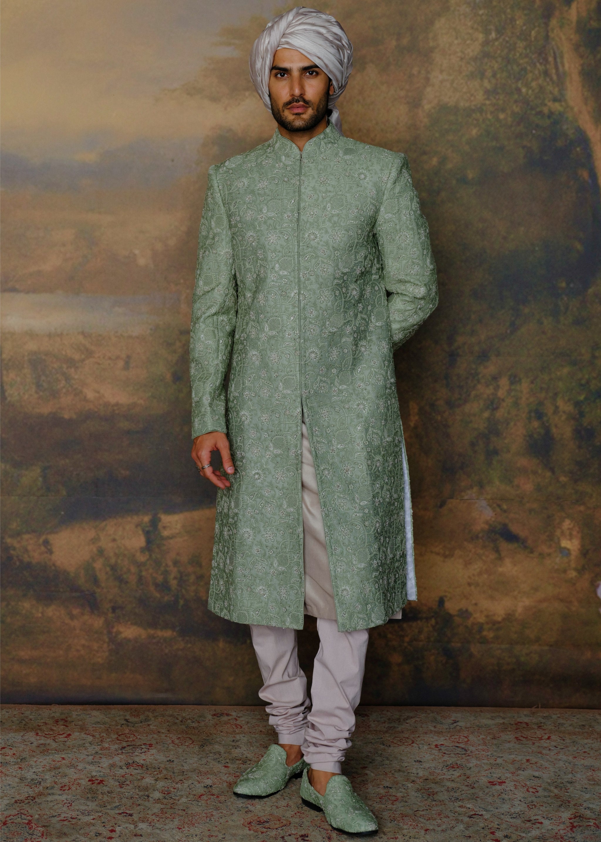 Mint Green Chikankari Sherwani Set