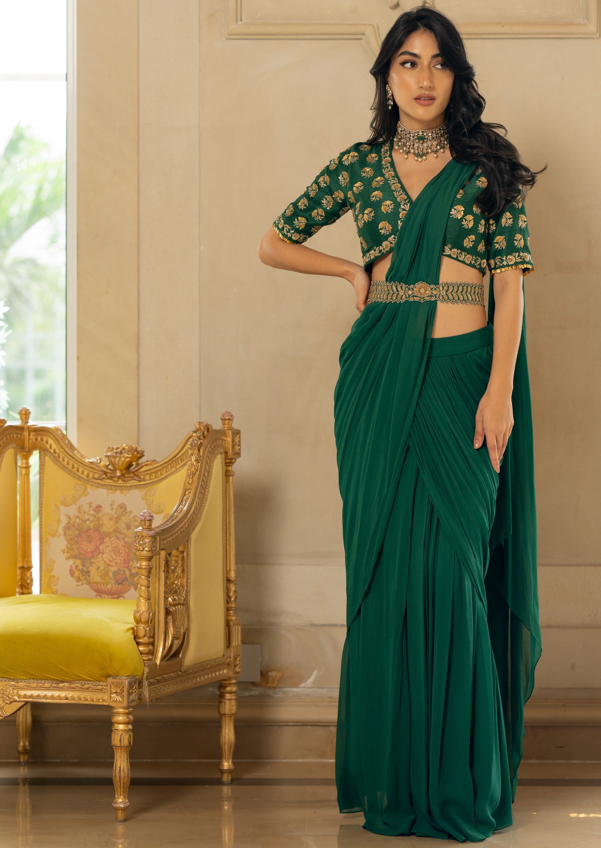 Emerald Green Antique Tone Sari Set