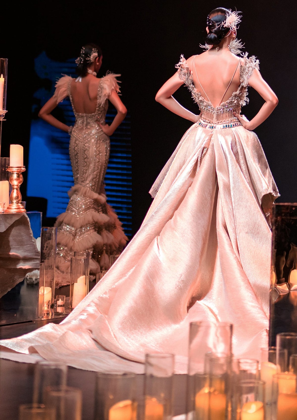 Gold Draped Gown with Trail Detail