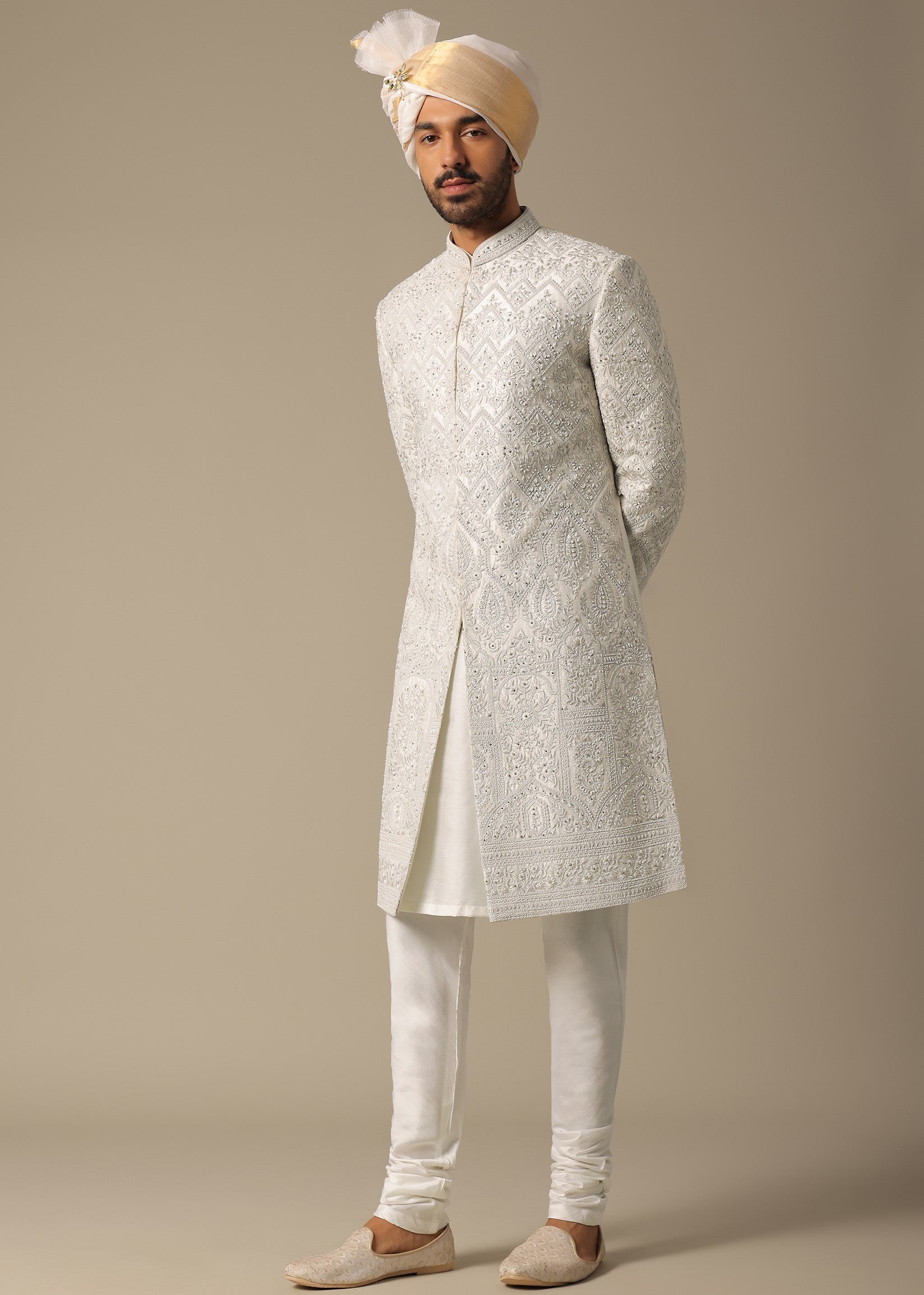 Opulent White Silk Sherwani Set