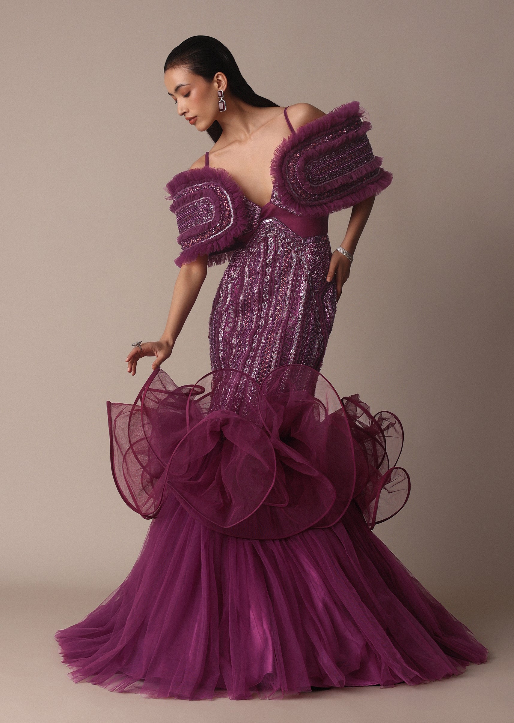 Deep Purple Organza Fish Cut Gown