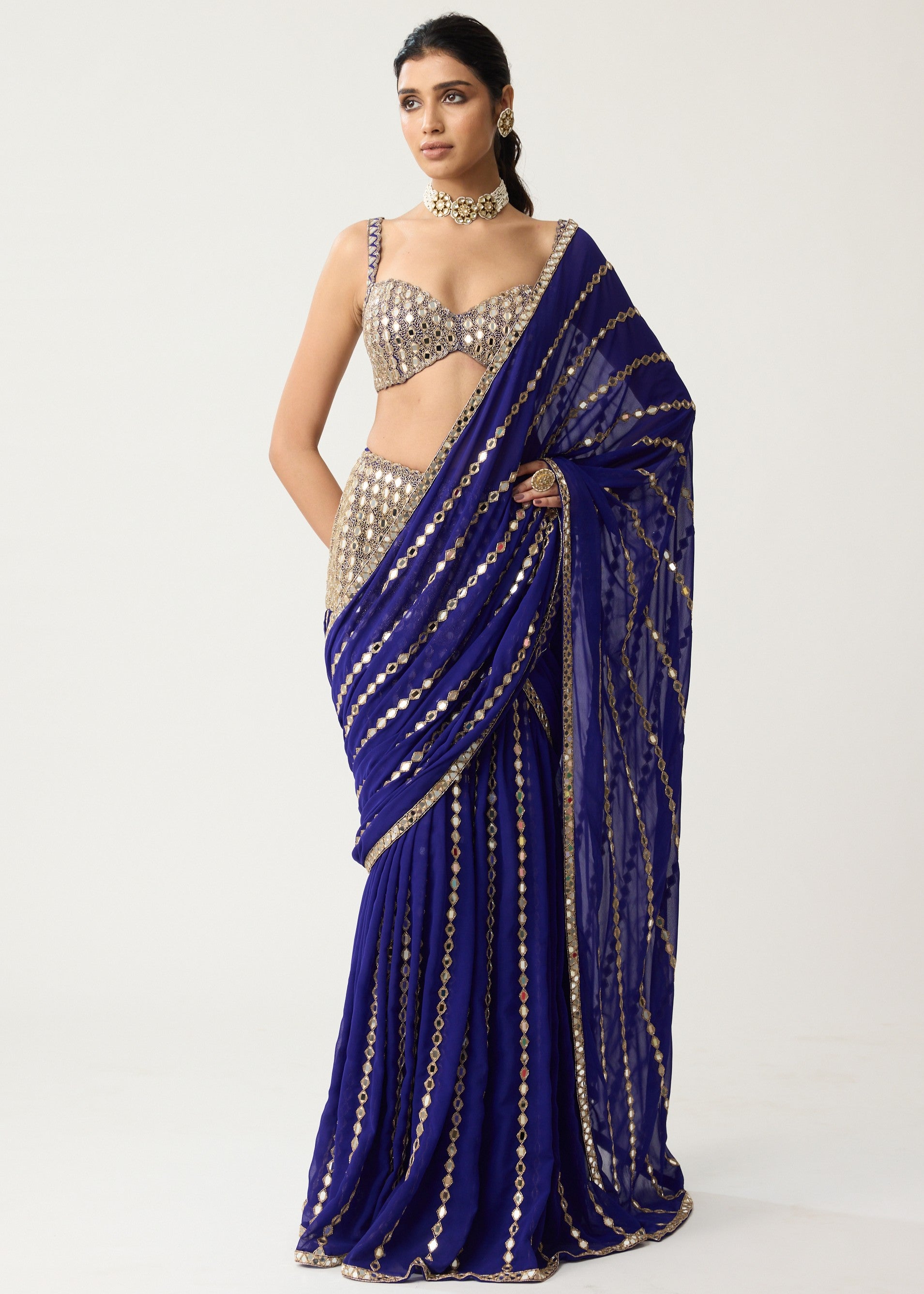 Persian Blue Fitted Linear Mirror Sari Set