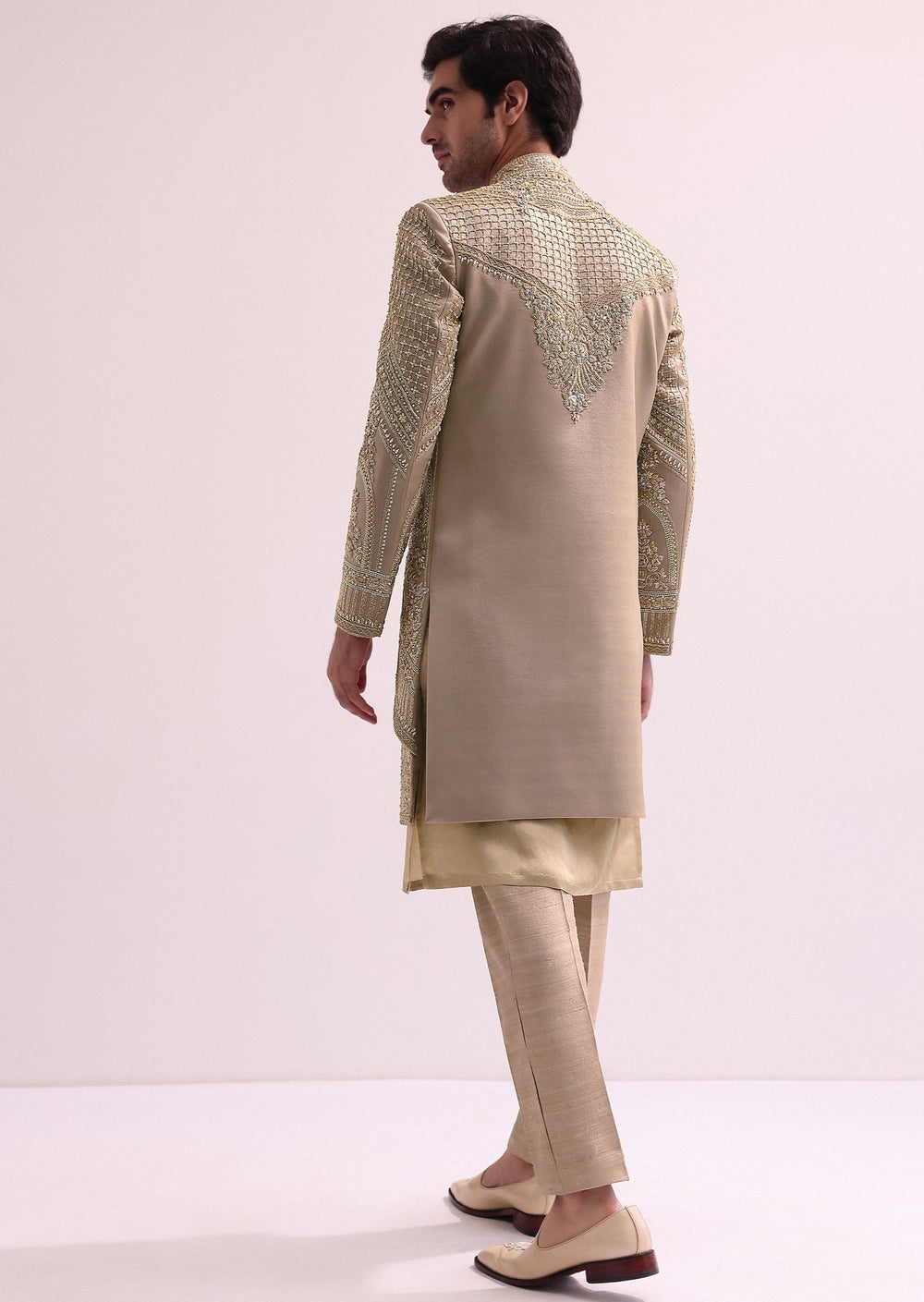 Beige Double Layered Raw Silk Sherwani Set