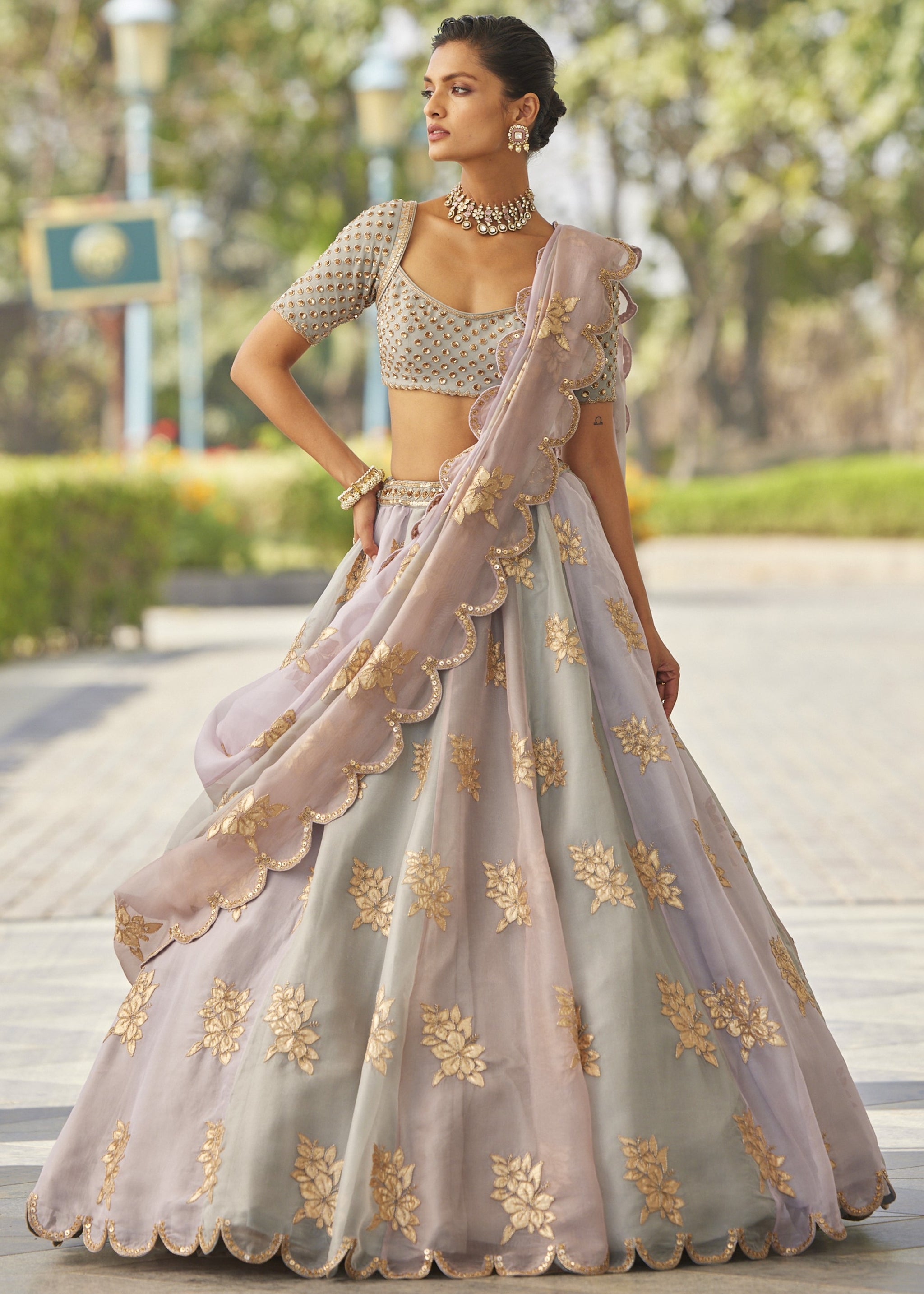 Powder Grey Flower Lehenga Set
