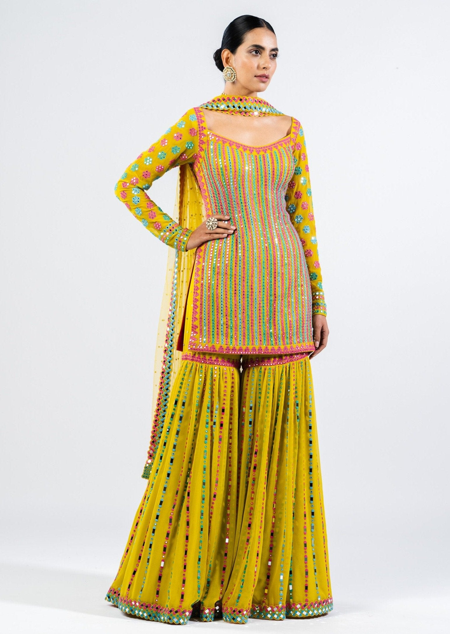 Multi Color Moss Green Sharara Set