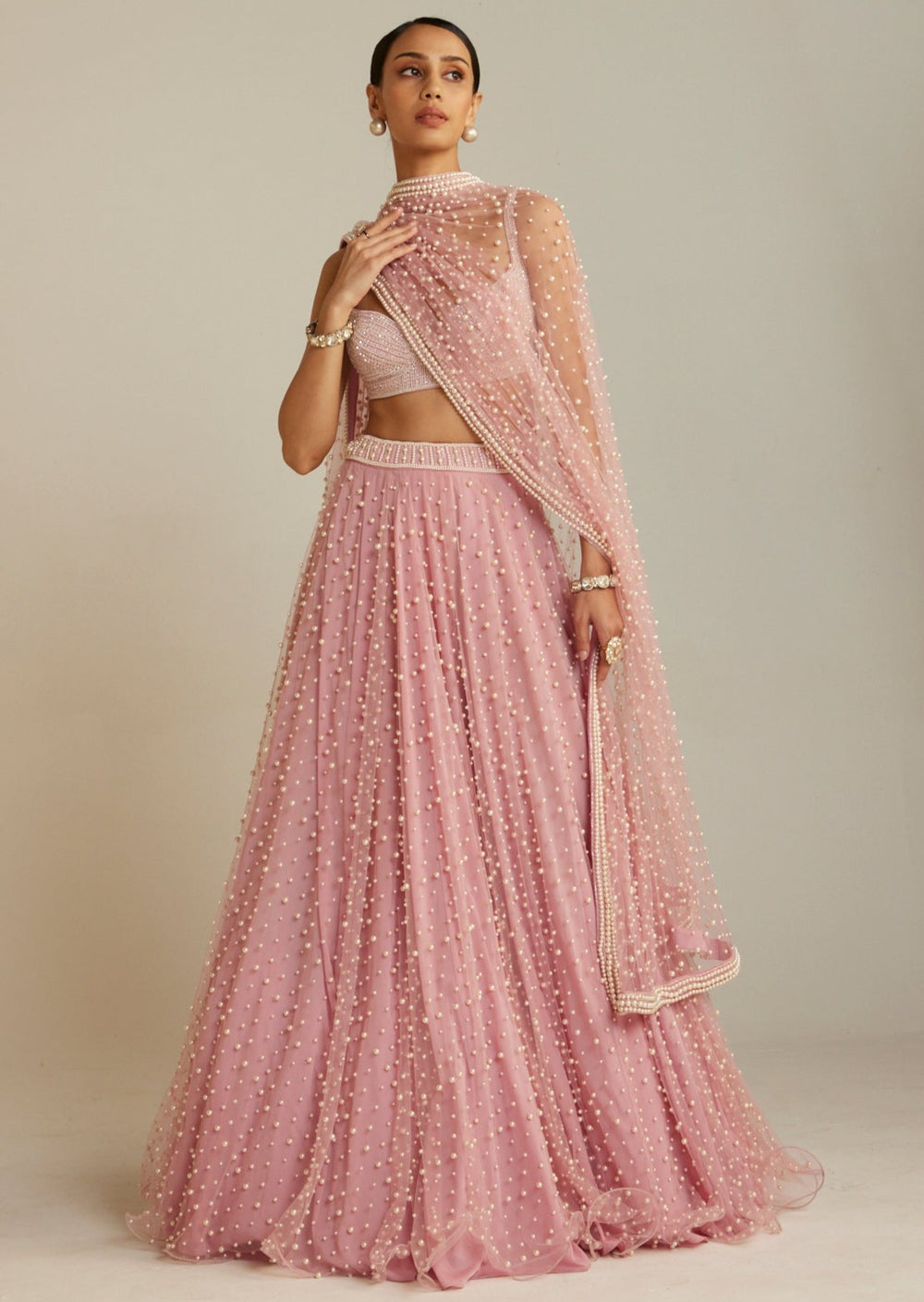 Powder Pink Dense Pearl Lehenga Set