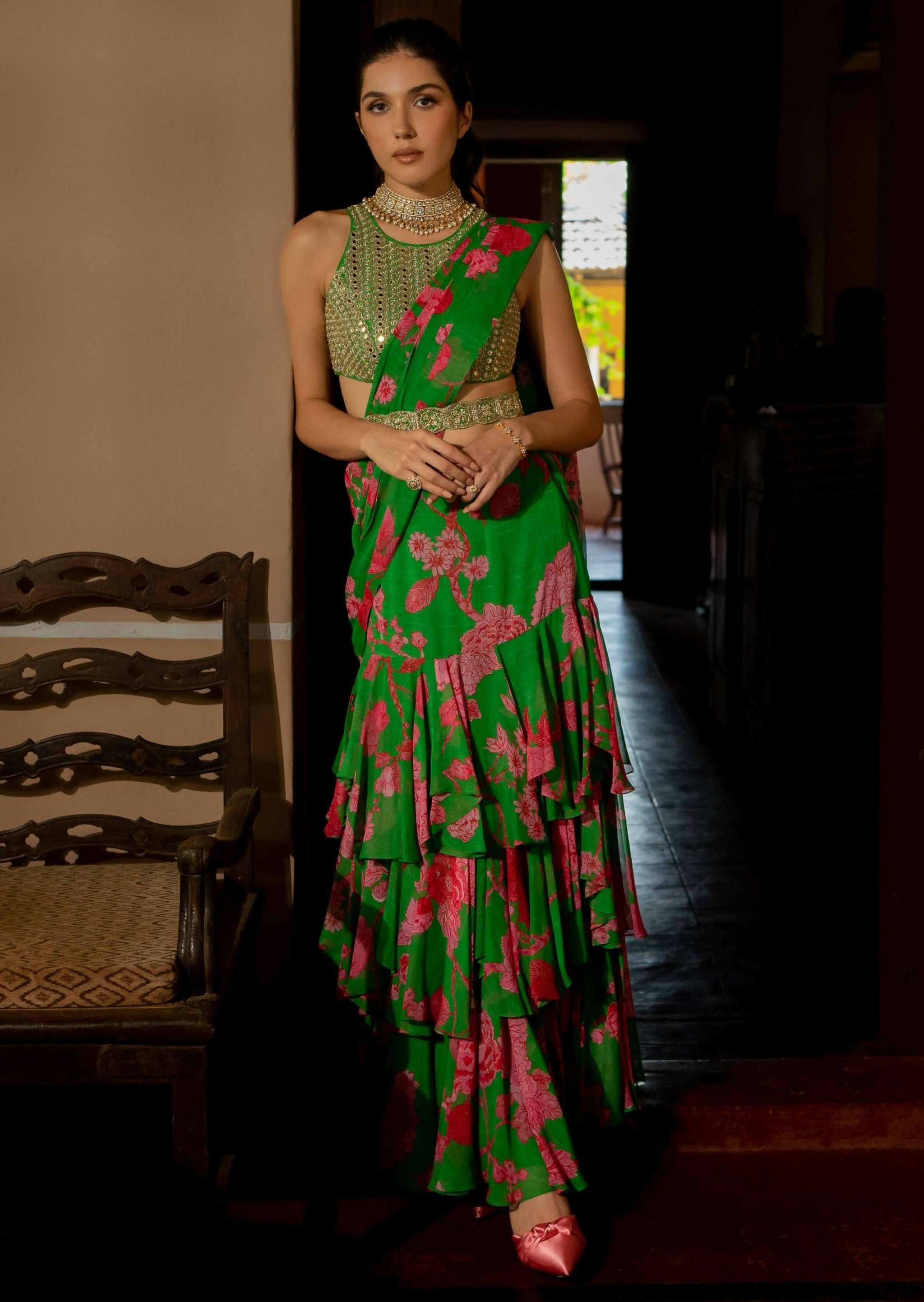 Full Bloom Green Sari Set