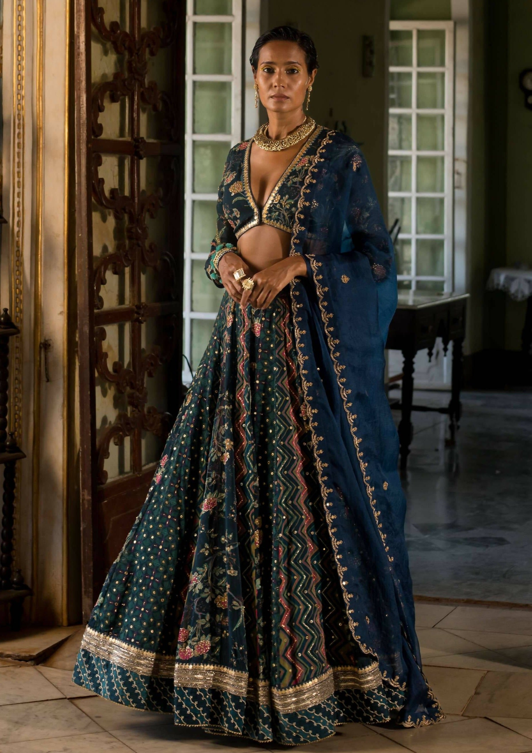 Multi Kali Print Blue Lehenga Set